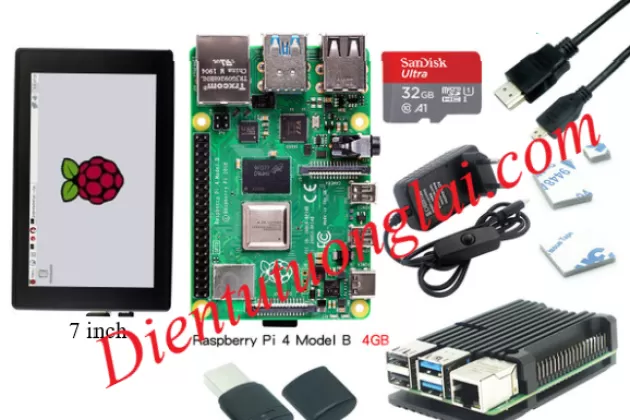 Bộ Raspberry Pi 4B 4GB Với SD 32GB, Màn Hình LCD 7inch, Nguồn Và Vỏ